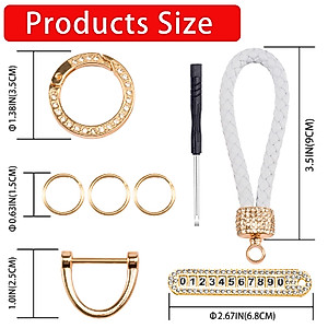 Worcas Car Keychain With Bling Rhinestones,eather Woven Keychain with anti loss telephone number plate,360 Degree Rotatable Universal Key Fob Keychain for all Cars(White-Gold)