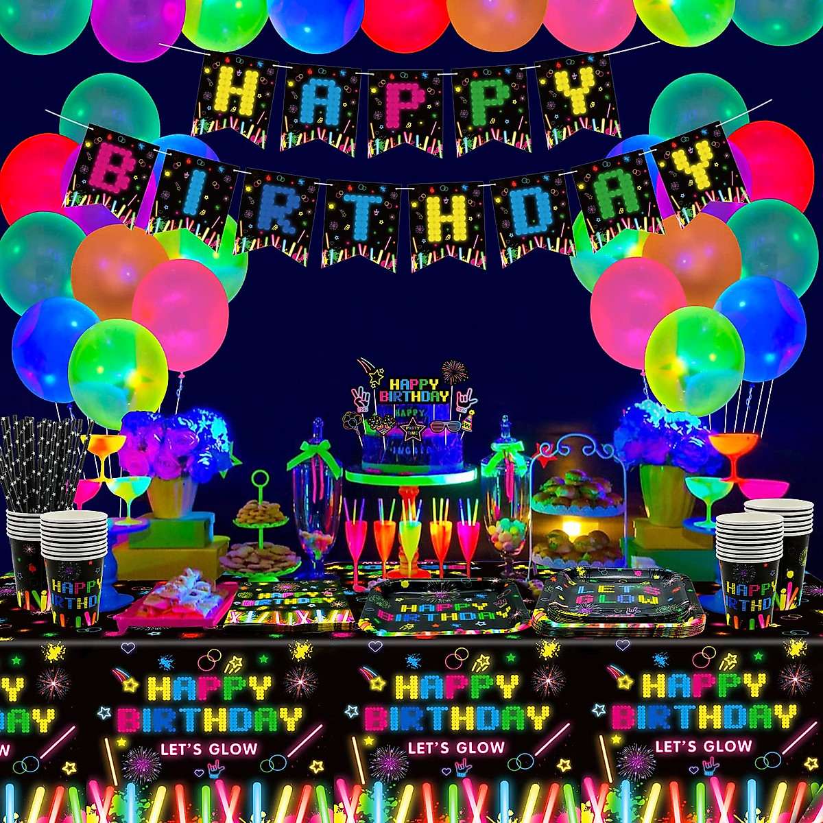 233 PCS Glow Neon Party Supplies Neon Glow Tableware Set Neon Balloons Glow in The Dark Birthday Banner Cake Toppers for Blacklight Party Decoration Serves 20 (Glow Set B)