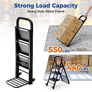 S AFSTAR 2-in-1 Folding Ladder & Hand Truck Combo, 3-Step Step Ladder with Wheels, Convertible Hand Cart with Wide Steps, 550 Max Load, Heavy-Duty Metal Dolly Cart Ladder for Home Office Garage