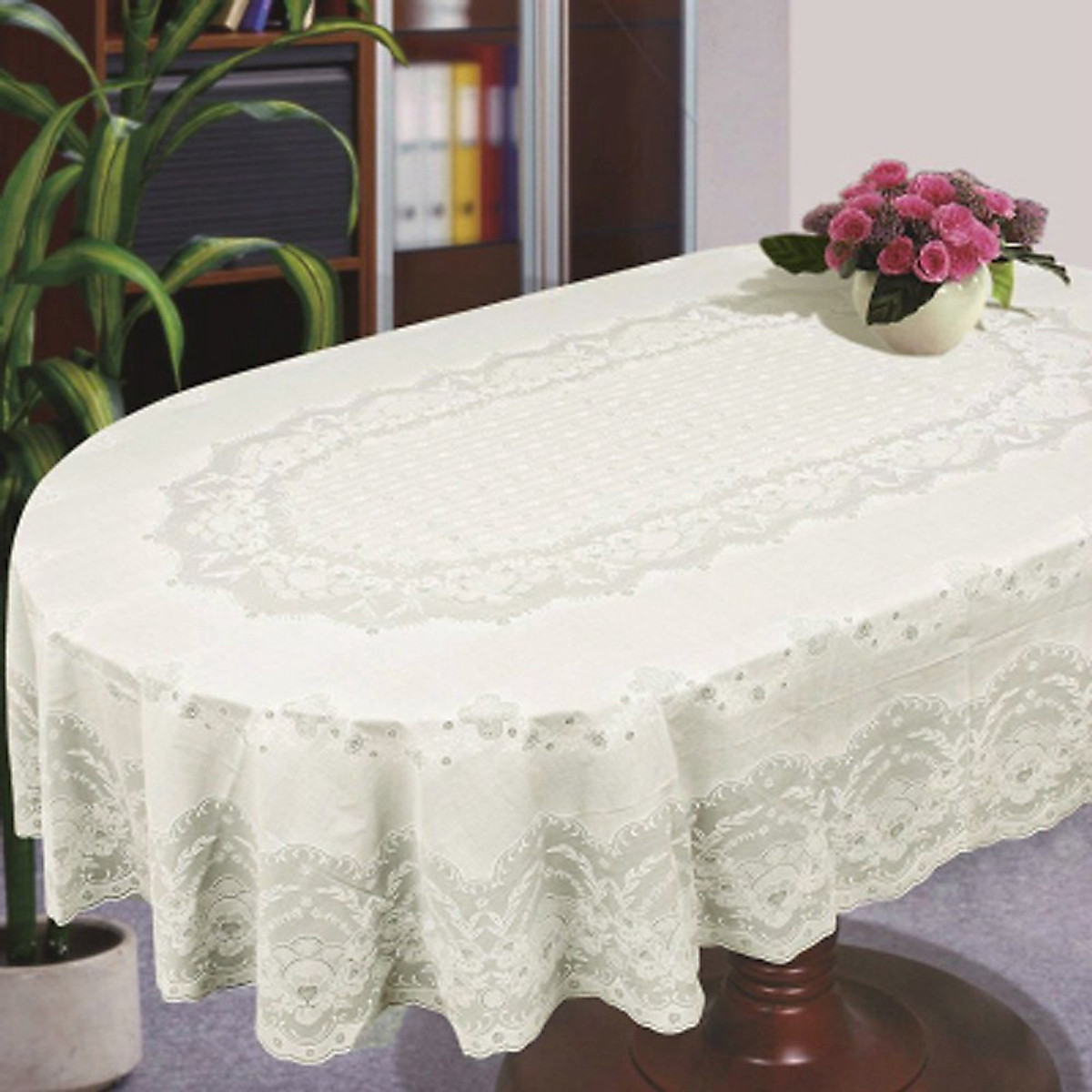 ZUODOOKU Table Cloth Cover Home Tablecloth Oval Rectangle Plastic Lace Pattern Beige