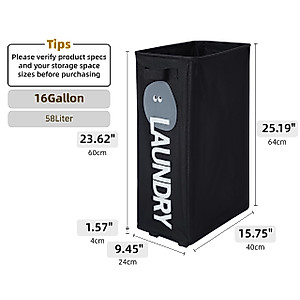ECOWAN LIVING Laundry Basket with Wheels, Narrow Thin Tall Rolling Collapsible Foldable Laundry Hamper, Waterproof Corner Dirty Clothes Laundry Bin, Handle on Both Side, 58L (Slim Plus/16Gal, Black)