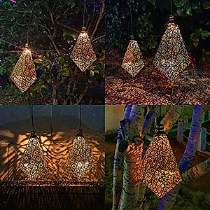 MAGGIFT 2 Pack Solar Hanging Lights, Solar Powered Retro Lantern with Handle, Warm White LED Christmas Garden Lights, Metal Diamond Shape Lamp Waterproof for Outdoor for Yard Tree Fence Patio