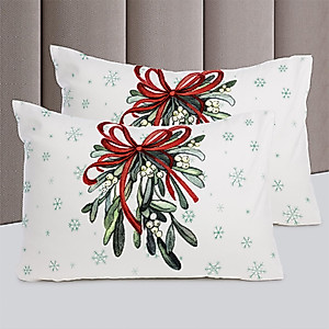 Christmas Duvet Cover Cal. King Size, Watercolor Red Green Botanical Bow Knot Winter Snowflake Comforter Cover with Zipper Closure, 3 Piece Bedding Sets 1 Duvet Cover 90x106 Inches and 2 Pillow Shams