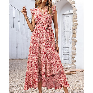 BTFBM Summer Floral Maxi Dress for Women 2025 Vacation Ruffle Sleeve V Neck Belt Wrap Spring Beach Wedding Guest Dresses(Floral Print Red, X-Large)