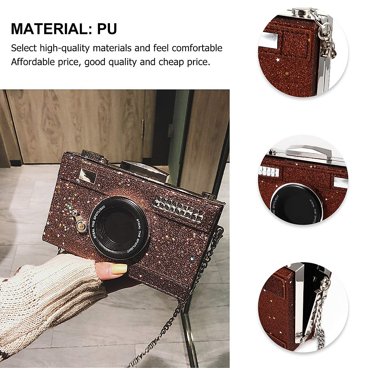 TENDYCOCO Camera Shaped Crossbody Bag Wide Shoulder Bag Square Bag Camera Bling Purse Unique Design for Daily Storage