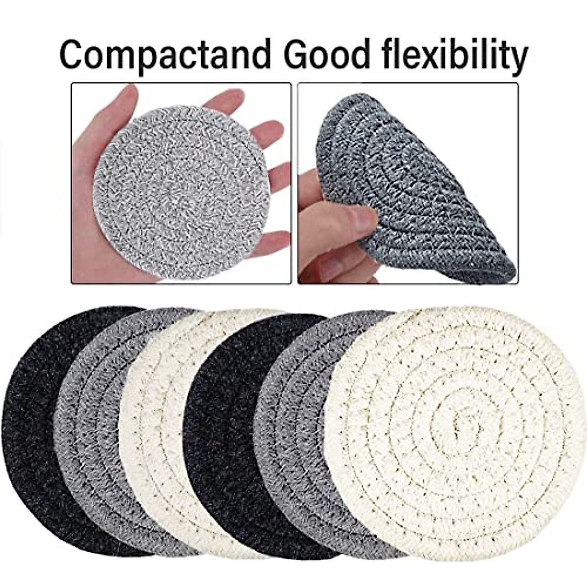 Coasters for Drinks,6Pcs Handmade Braided Woven Drink Coasters for Coffee Table,Super Absorbent Heat-Resistant Coasters for Table Protection,Great Housewarming Gift (4.3 Inch, 8mm Thick)