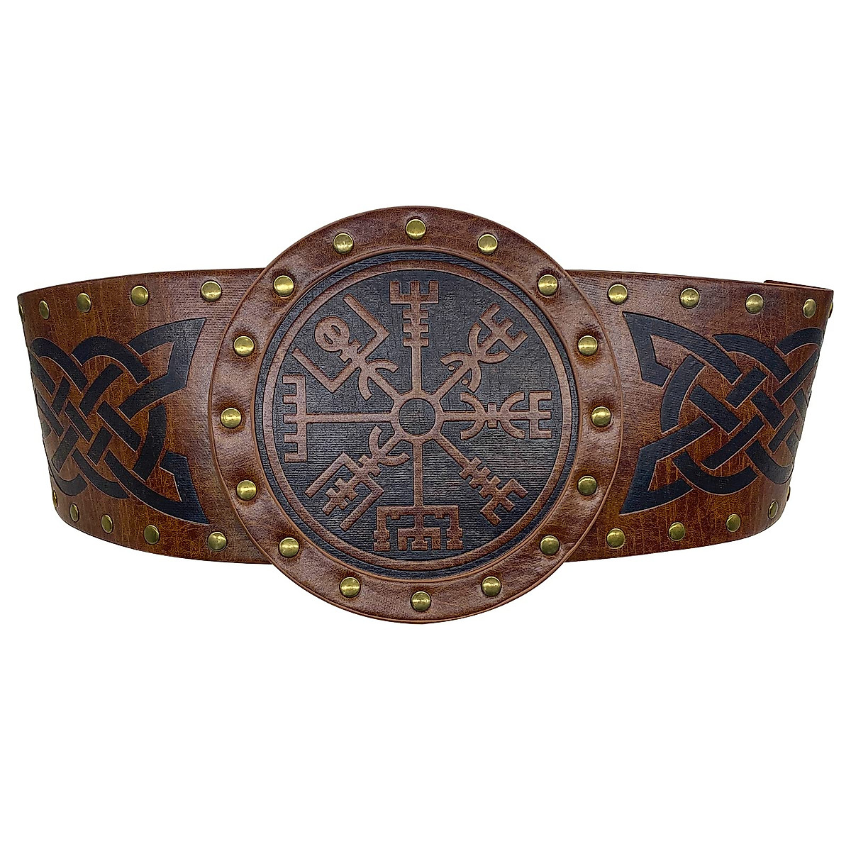 HiiFeuer Viking Embossed Wide Belt, Nordic Faux Leather Armor Belt Knight Corset Belt, LARP Halloween Costume (Brown A)