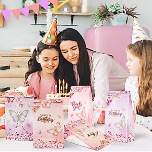 LWBDD Butterfly Candy Gift Bags 24 Pieces Pink and Purple Bags Rainbow Party Decorations Butterfly Supplies for Birthday Party Paper Gift Bag with 24 Stickers For Valentine's Day & Easter