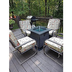 Domi Gas FirePit Table, 28 Inch 50,000 BTU Outdoor Wicker Patio Propane Firepit w/Blue Glass Rocks, Hideaway Tank Holder, ETL Certification, Cover Lid, Wood Look Tabletop (Square)