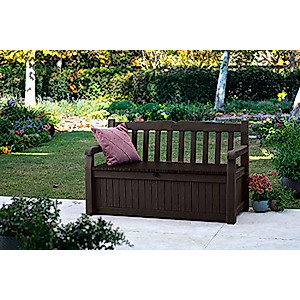 Keter Solana 70 Gallon Storage Bench Deck Box for Patio Furniture, Front Porch Decor and Outdoor Seating – Perfect to Store Garden Tools and Pool Toys, Brown