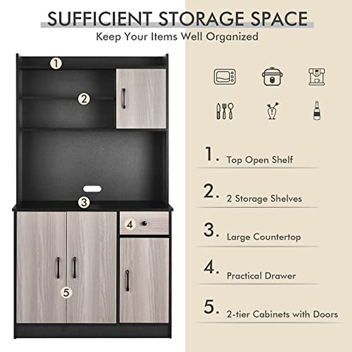 COSTWAY Freestanding Buffet with Hutch, Kitchen Pantry Storage Cabinet with 5-Position Adjustable Shelves, Kitchen Buffet Cabinet with Open Shelves, Doors and Drawer for Home (Black)