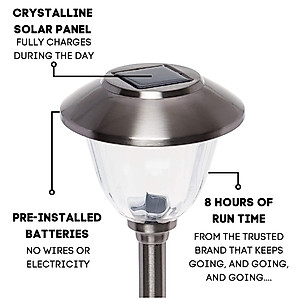 Energizer LED Solar Pathway Lights - 8 Pack of [Stainless Steel] Outdoor Solar Lights - IP65 Waterproof w/Auto On/Off - Patterned Glass and Metal Construction Coated in Stainless Steel