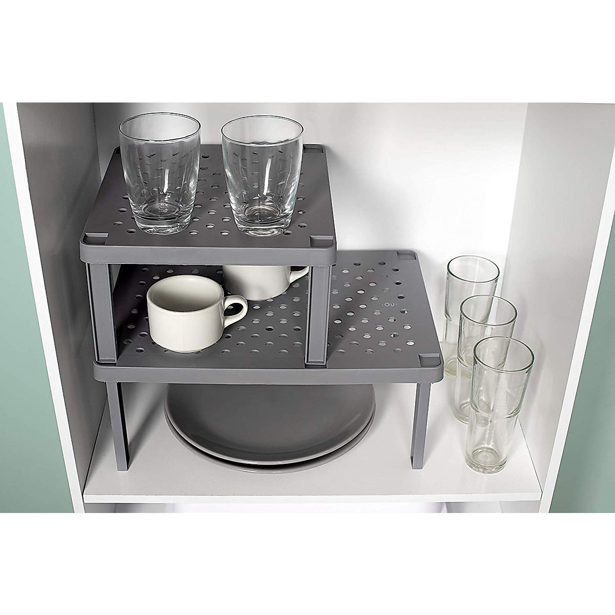 Level Collection Stackable, Kitchen Cabinet and Pantry Organizer, Modular Shelves- Set of 4 Shapes (Gray)