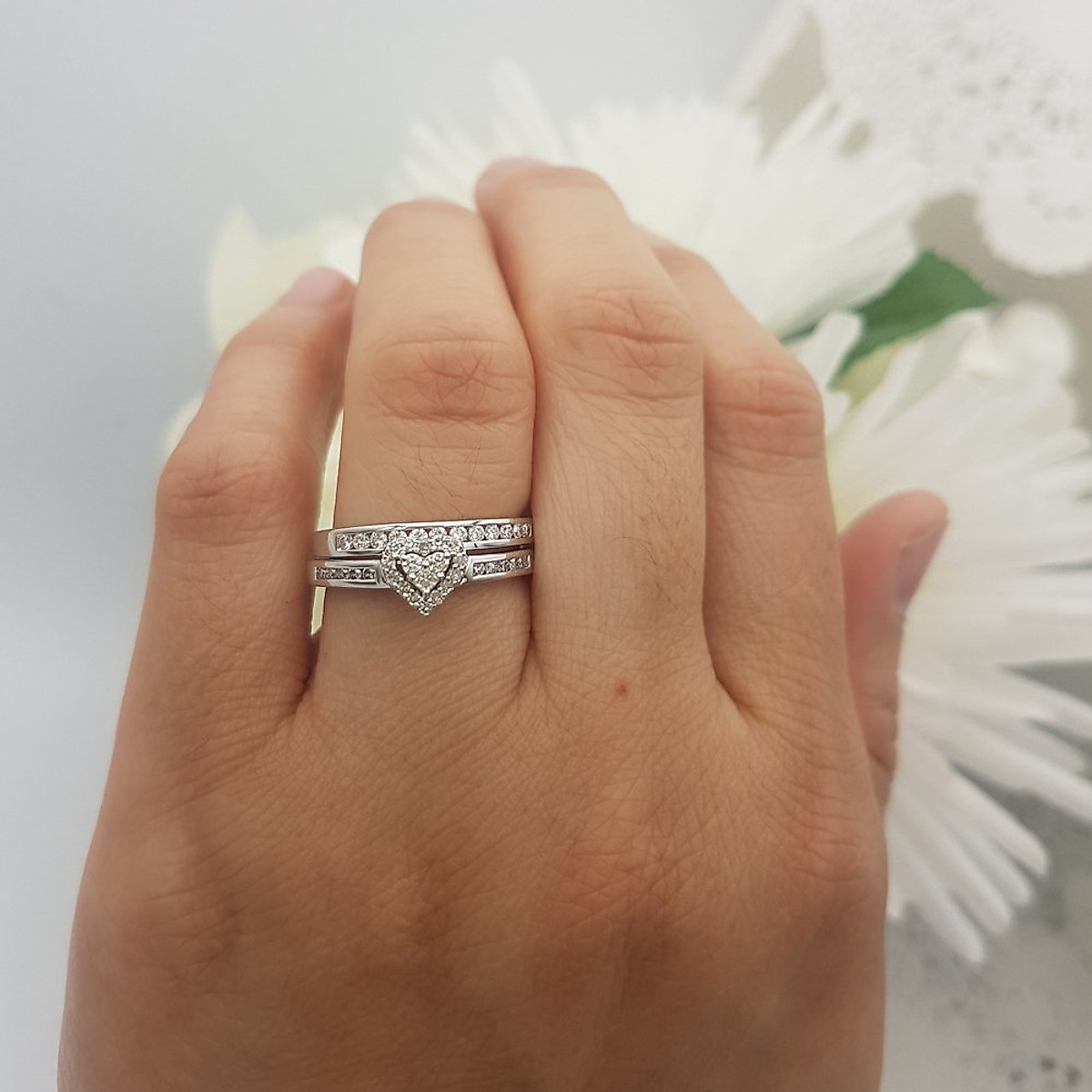 Dazzlingrock Collection 0.55 Carat (Cttw) 10k Round & Princess Diamond Women Heart Shaped Engagement Ring Set 1/2 CT, White Gold, Size 7.5