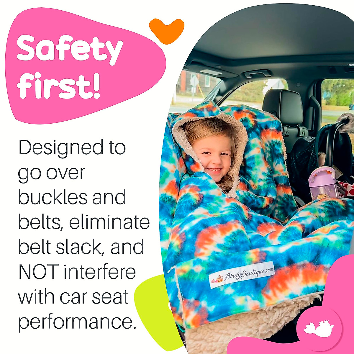 Birdy Boutique Car Seat Poncho for Kids – Safe to Use Over Seat Belts – Reversible Warm and Cozy Blanket – Easy on Easy Off and Doesn’t Impact Car Seat Performance – Tie Dye – One Size