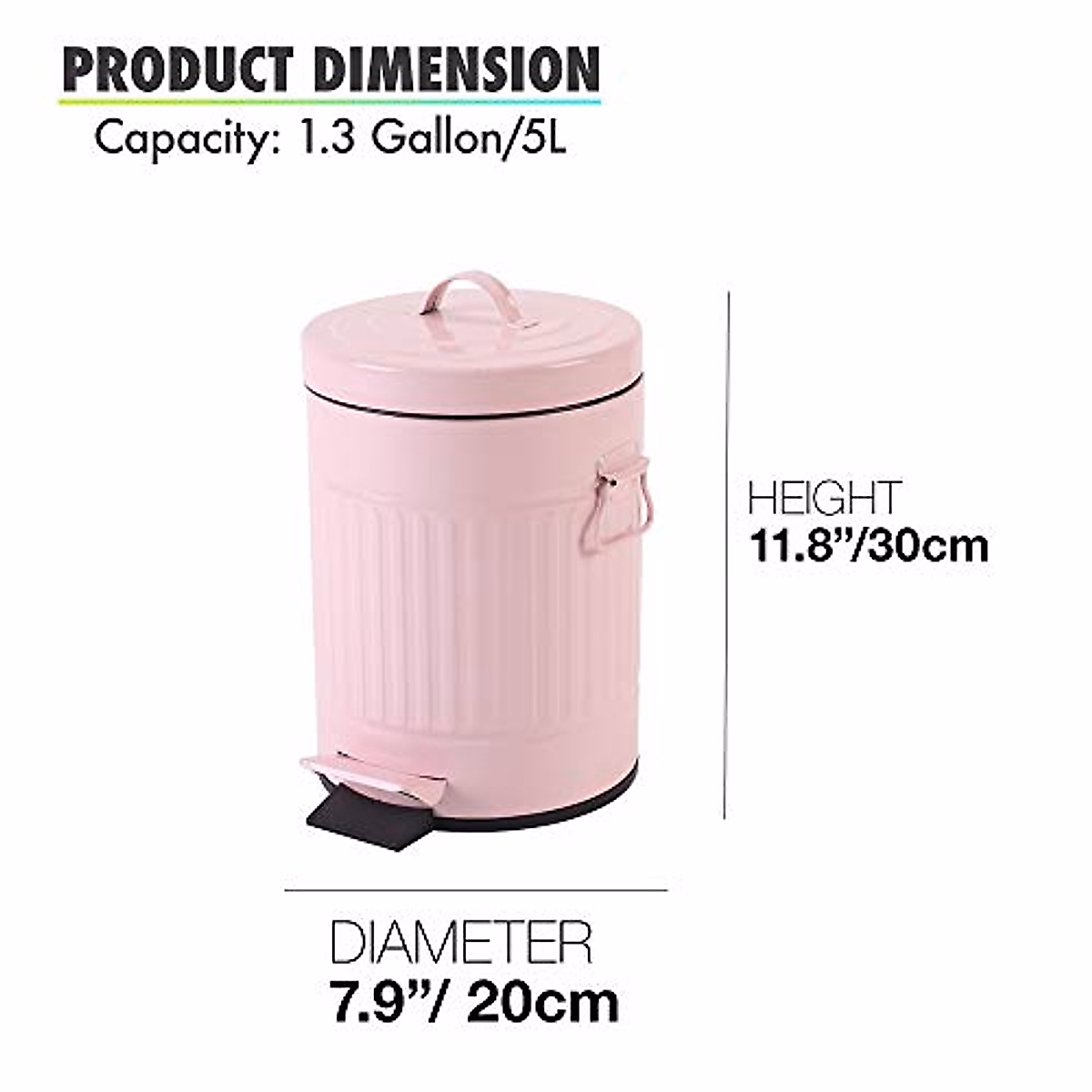 Bathroom Trash Can with Lid, Small Trash Can Wastebasket for Home Bedroom with Lid, Round Waste Bin Soft Close, Retro Vintage Garbage Metal Cans for Office, 5 Liter / 1.3 Gallon, Glossy Pink