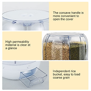 Janoiuc Dry Food Rice Storage Box, Food Grain Storage Container Large Capacity, Rotating Multi-Grid Durable Plastic Sealed Rice Storage Container with Lid 6kg Capacity for Household Kitchen Home (S)