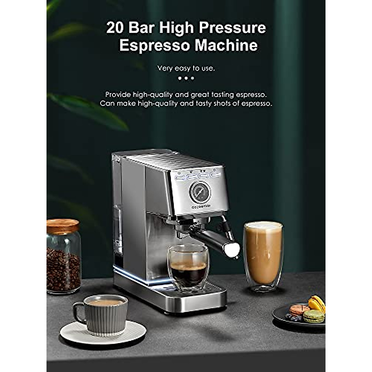 Espresso Machine , 20Bar Compact and Cappuccino Maker with Milk Frother Wand , Professional Coffee Machine for Latte , Stainless Steel