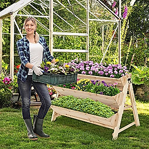 Safstar 3-Tier Vertical Garden Bed, Wooden Elevated Planter Bed with Legs, Storage Shelf, 2 Hooks, Raised Bed Kit for Flower Vegetable Herb, Outdoor Plant Box Stand for Yard Garden Balcony Planter