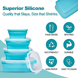 Set of 4 Collapsible Silicone Food Storage Container, Leftover Meal box For Kitchen, Bento Lunch Boxes, BPA Free, Microwave, Dishwasher and Freezer Safe. Foldable Design Saves Your Space.