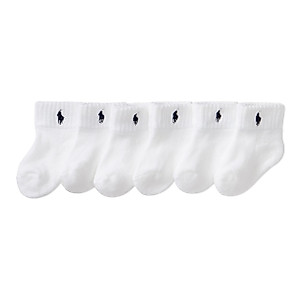 Polo Ralph Lauren Baby Boys Classic Ankle Socks 6 Pair Pack Soft Stretchy Yarn & Stay Up Top Quarter-Length Sport, White Black Pony, 18-24 Months US