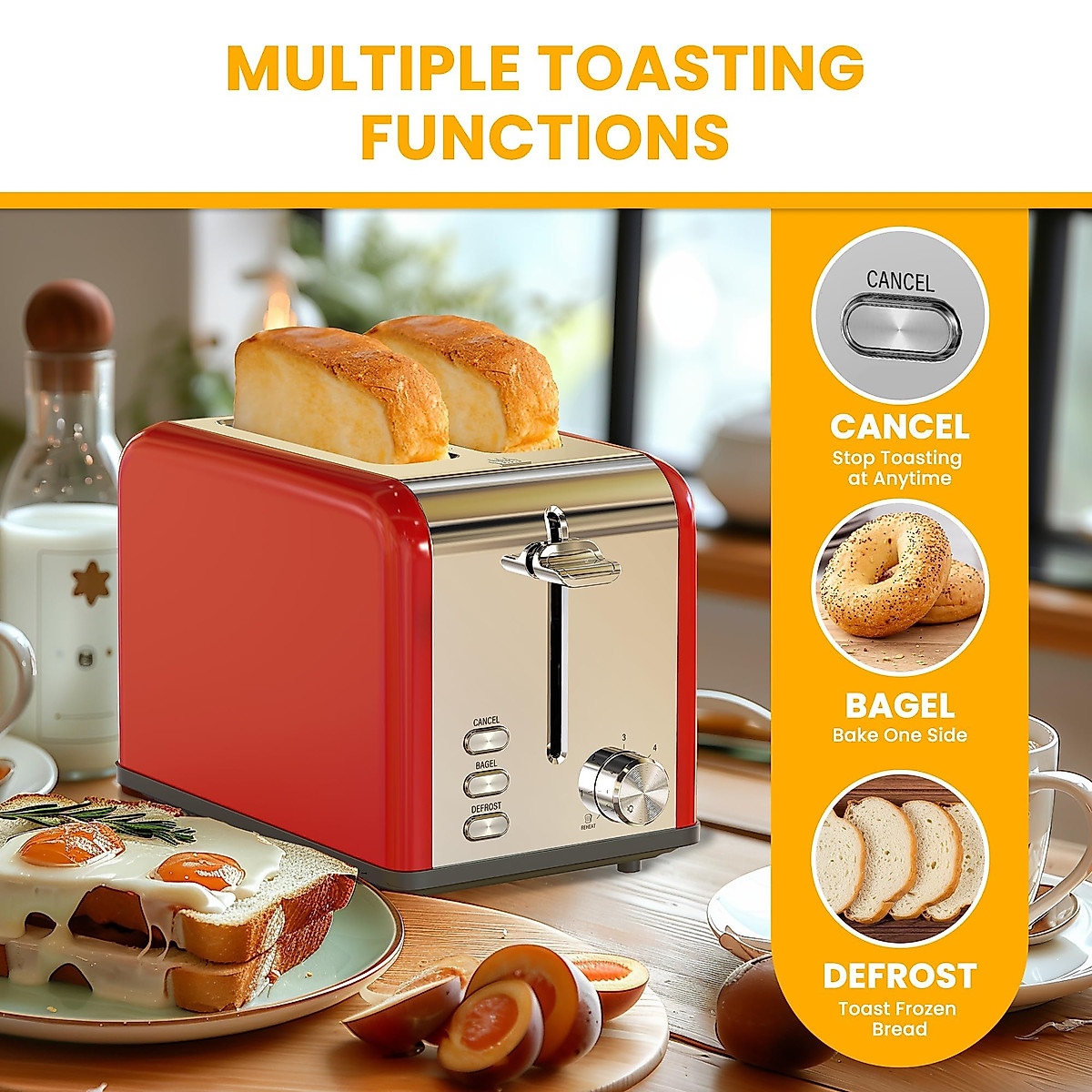 Simple Deluxe 2-Slice Toaster, Stainless Steel Toaster, 6 Browning Setting and 3 Function, Extra Wide Slot & Removable Crumb Tray, for Bread & Waffle, Red