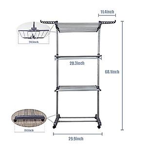YOUUD Clothes Drying Rack 3-Tiers with Retractable Trays, Collapsible Shelves, Rolling and Base with Casters, Stainless Laundry Dryer Indoor/Outdoor Standing Rack