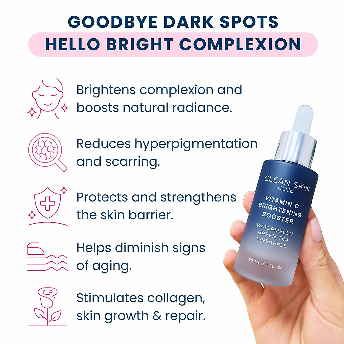 Clean Skin Club Vitamin C Serum & Brightening Booster, Vitamins A, E, D & K, Anti Aging Collagen Clear Facial Care, Glow, Acne, Scars, Sun Damage, Wrinkles, Age, Dark Spot Corrector Recipe