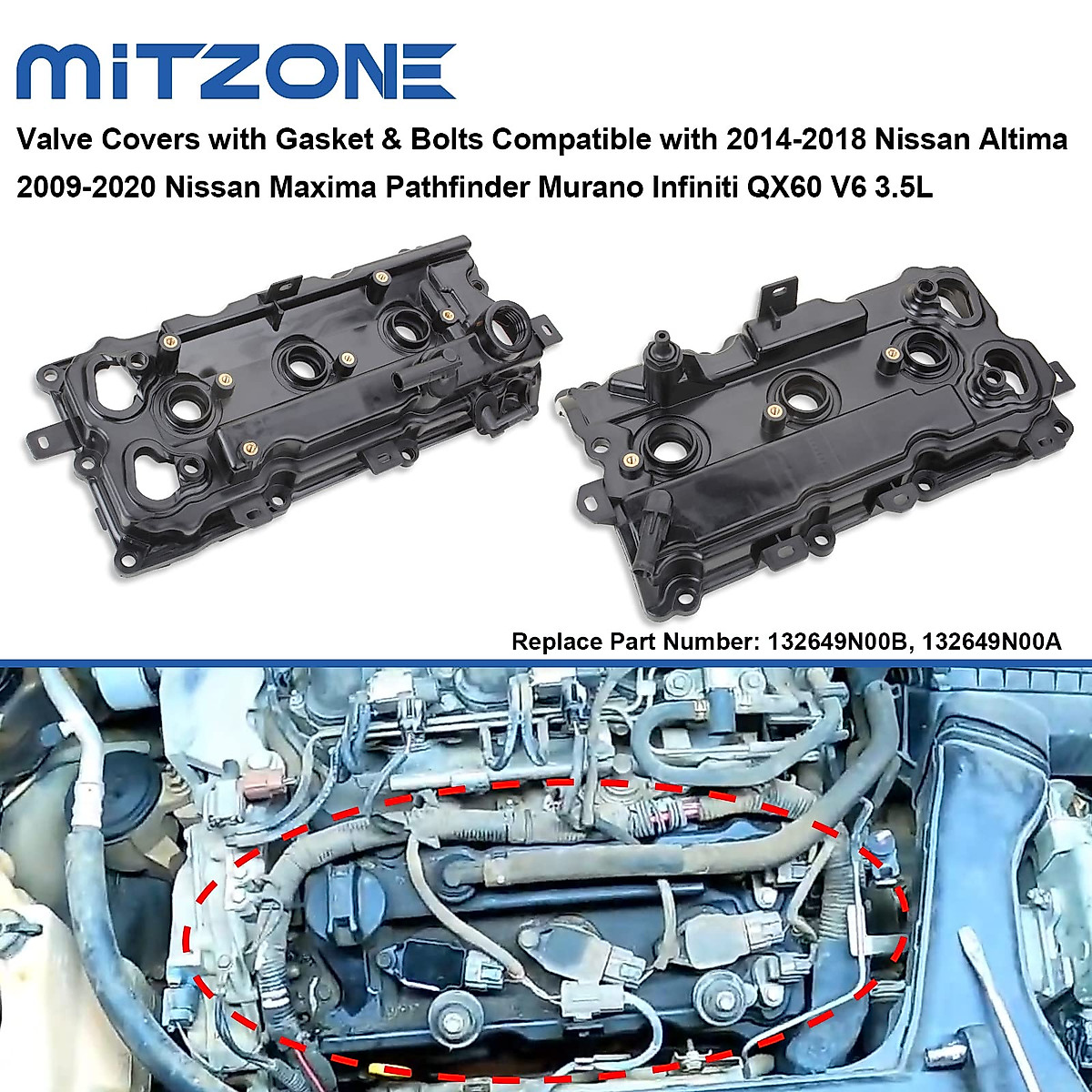 MITZOEN Valve Covers with Gasket & Bolts Compatible with 2014-2018 Nissan Altima 2009-2020 Nissan Maxima Pathfinder Murano Infiniti QX60 V6 3.5L Replace # 13264-9N00A 13264-9N00B