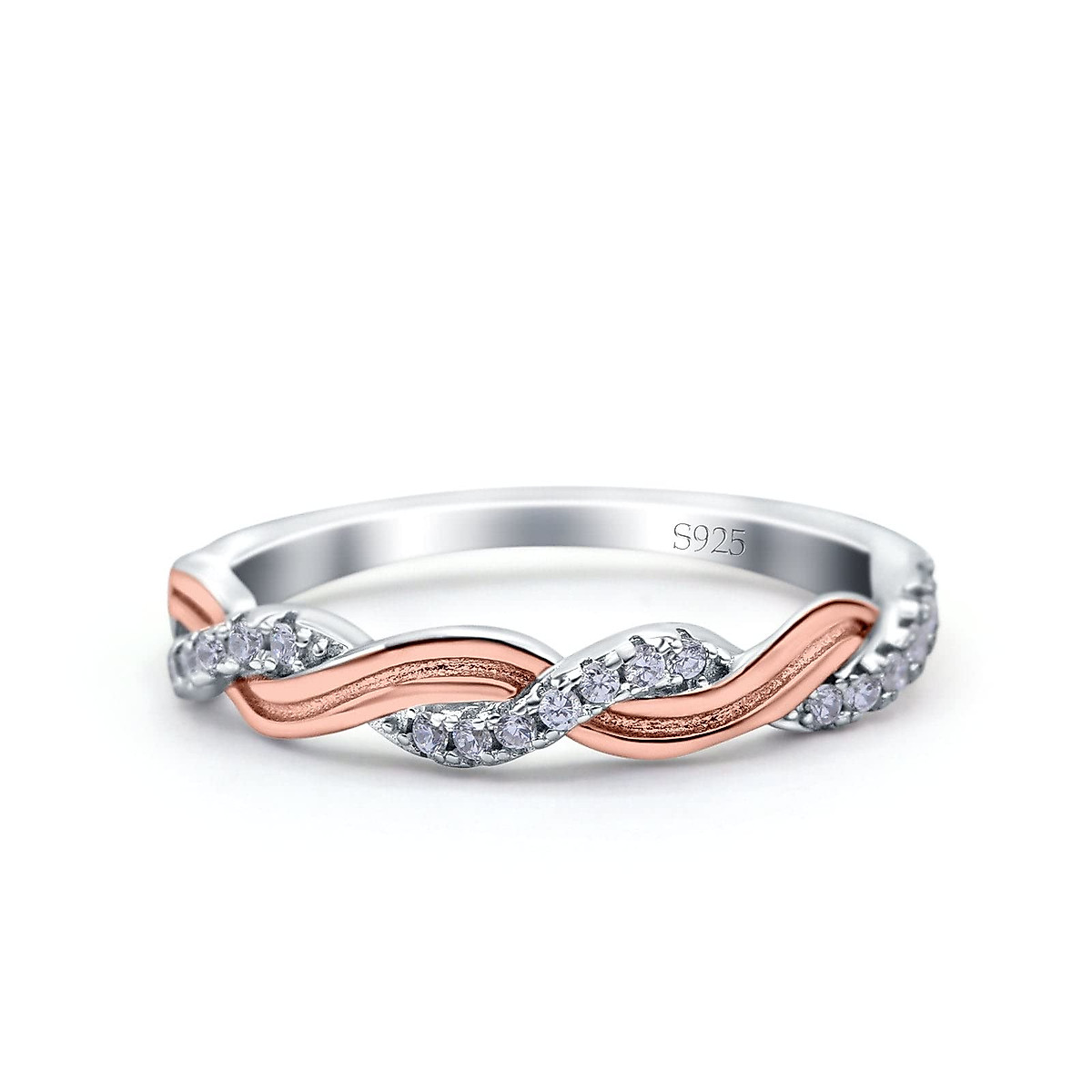 Blue Apple Co. Two Tone, Simulated Cubic Zirconia Size-7 Half Eternity Rope Ring Wedding Engagement Band Round Pave CZ 925 Sterling Silver