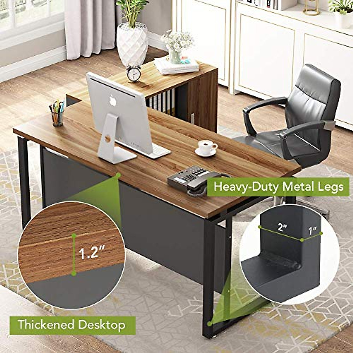 LITTLE TREE 55 inches Executive Desk and 39" File Cabinet,Modern L-Shaped Computer Desk Business Furniture Set with Storage Mobile Printer Stand for Home Office,Walnut