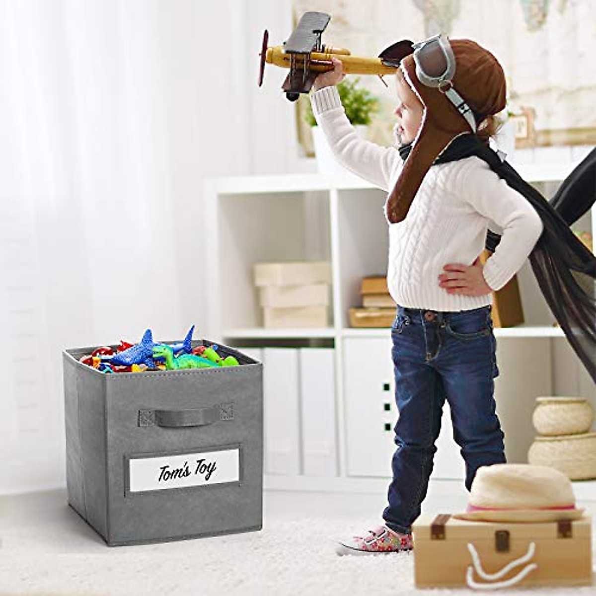 artsdi Set of 10 Storage Cubes, Foldable Fabric Cube Storage Bins with 10 Labels Window Cards & a Pen, Collapsible Cloth Baskets Containers for Shelves, Closet Organizers Box for Home & Office,Gray