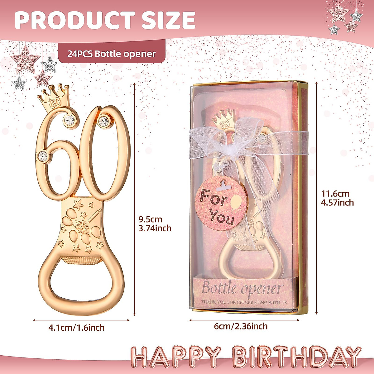 24 boxes of rose gold themed 60th birthday bottle openers favored for 60th golden wedding party gifts 60th birthday party souvenirs or party decorations (60th)