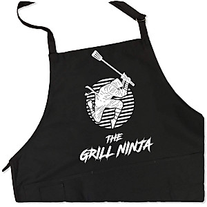 ApronMen, The Grill Ninja BBQ Grilling Funny Aprons For Men With Adjustable Straps One Size Fits All Cooking Aprons With Pockets - Professionally Printed Gifts For Dad