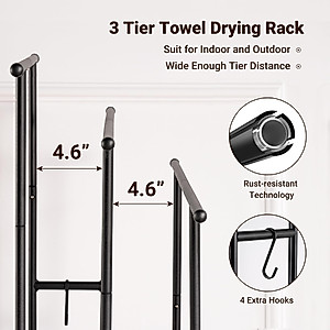 ELYKEN 3 Tier Standing Towel Rack, 40'' Tall Towel Drying Rack Outdoor, Freestanding Floor Towel Rack with Shelf, Pool Towel Blanket Stand, Metal Towel Racks for Bathroom freestanding, Matte Black
