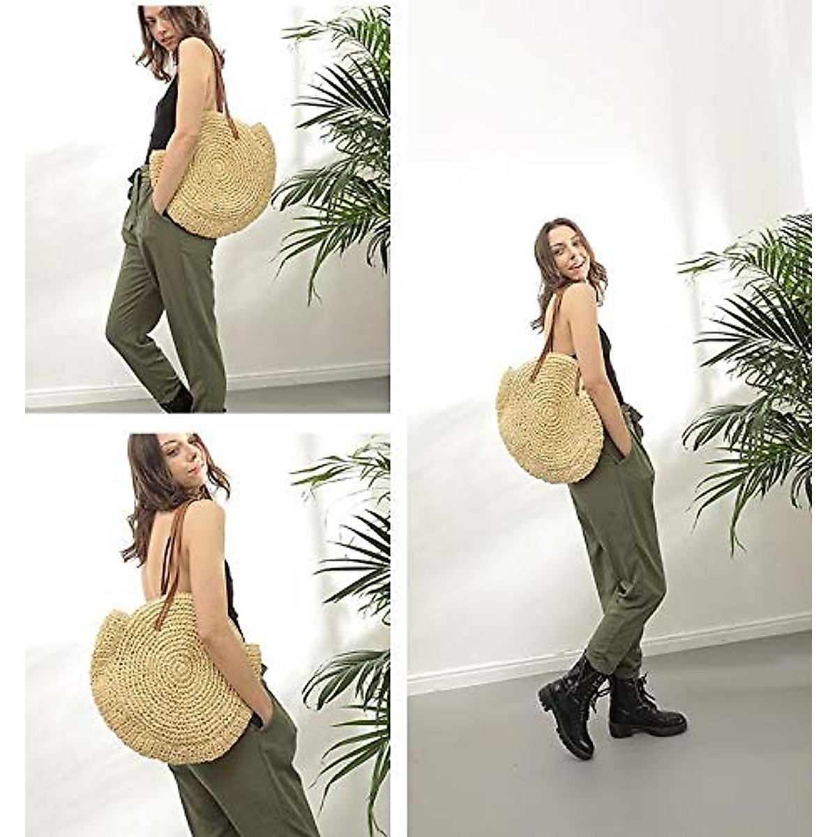 Ayliss Women Straw Woven Tote Handbag Large Beach Handmade Purse Shoulder Bag Straw Beach Handbag (Round Khaki #2)