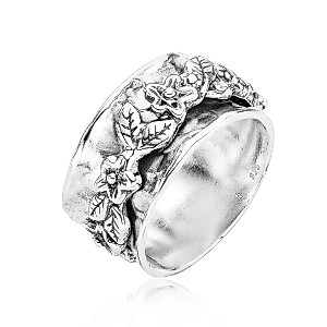 925 Sterling Silver Spinner Ring Unisex Band Bold Leaf and Flower, Oxidized, Vintage Stylish Hypoallergenic, Nickel Lead-free, Artisan Handcrafted Designer Made in Israel (Size 5-11)