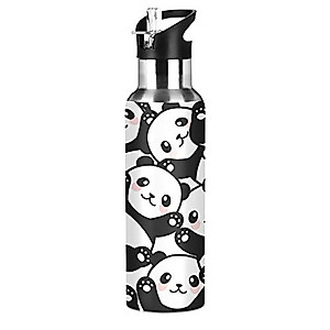 WELLDAY Water Bottle Cartoon Panda Double Wall Vacuum Insulated Flask Stainless Steel with Straw Lid 20oz