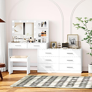 Rovaurx 65" Vanity Desk with Lighted Mirror and Lights, 8 Drawers Makeup Vanity Table with Storage Shelf, Modern Dresser with Mirror, Dressing Table for Bedroom, Adjustable Width, White RSZT109W