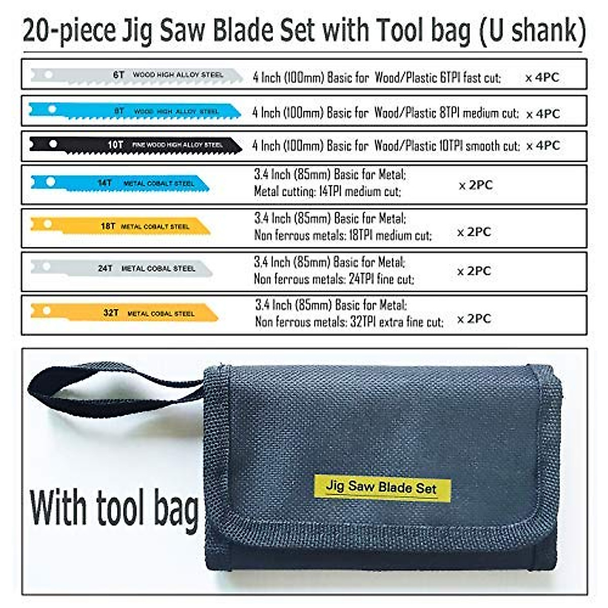 20-Piece Universal Jig Saw Blade Set for Wood,Plastic and Metal Cutting with Tool Bag Universal Design fits All Name Brand and Import jig saws
