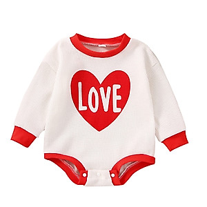 Twopumpkin Baby Girl Boy Valentines Day Outfit Sweatshirts Oversized Knit Sweater Shirts Romper Pullover Top Infant Toddler Cute Clothes (Az Waffle Knitted Love Print, 0-6 Months)