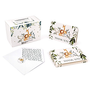 50 Pack Jungle Safari Greenery Thank You Cards, Cute Thank You Notes with Envelopes & Stickers, Baby Shower, Birthday any Occasion Large Size 4x6 Gratitude For Party, Children Stationery