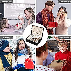 SYCARON 2023 Upgraded Jewelry Organizer Box for Women Girls, Large Travel Jewellry Organizer Case 2 Layer PU Leather Soft Lining with Lock for Rings Earrings Necklace Bracelets, Black