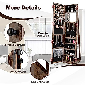 CHARMAID Jewelry Armoire with Higher Full Length Mirror, Lockable Jewelry Cabinet Organizer with Large Storage Capacity, Inside Makeup Mirror, Stable Base, Easy Assembly (Rustic Brown)
