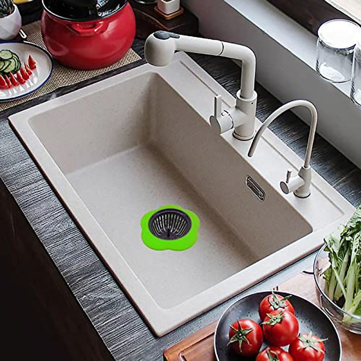 Tisnveky Sink Strainers for Kitchen Sink, Sink Drain Strainer with 4.5 Inch Diameter, Kitchen Sink Strainer with Hard Plastic Bottom and Soft Silicone Edge, [1 Pack] [Green]