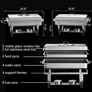 Chafing Dish Buffet Set 4 Pack, 9.5QT Chafing Dishes with Lid Holder, Stainless Steel Chafers and Buffet Warmers Sets for Catering, Parties and Weddings, 2 Glass Lids, 2 Sainless Steel Lids