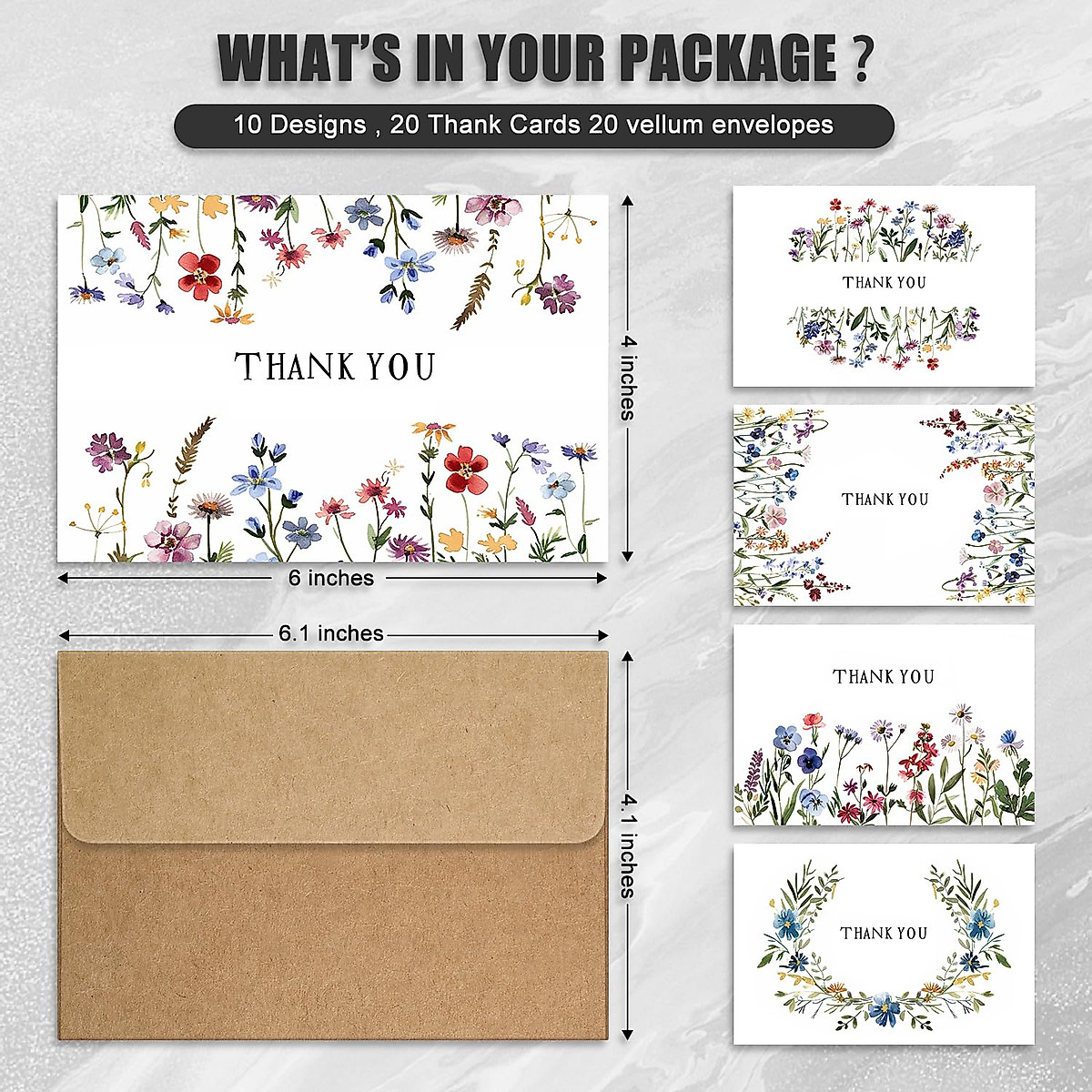 WEIZHEN Wildflower Thank You Cards with Envelopes (Bulk 20-4x6) - Thank You Notes Set - Floral Thank You Cards with Envelope - for Birthdays, Weddings, Bridal Showers, Baby Showers