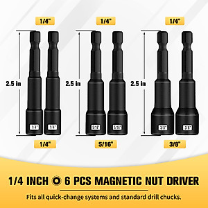BOEN 1/4 inch Magnetic Nut Driver Set, 6 Piece Impact Drill Driver Bit Set, Length 1/4", 5/16", 3/8", Quick-Change Hex Shank SAE Nut Driver, Cr-V Steel, Black Manganese Phosphate Coating