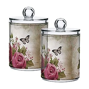 ALAZA 2pcs Vintage Rose Flower Butterfly Qtip Holder Dispenser 14 oz Bathroom Storage Clear Apothecary Jars Containers Cotton Ball,Cotton Rounds,Floss Picks, Hair Clips, Food