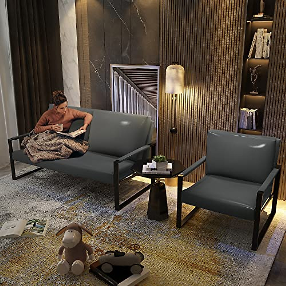 Lamerge Mid-Century Retro Modern Living Room Sofa Set with Loveseat and Seating Sofa Chair, Upholstered Couch and Accent Chair with Armrest, Living Room Set for Small Space, APT, Office (Grey)